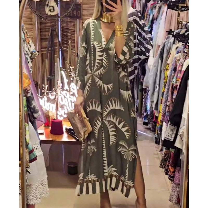 Women's Vintage Coconut Tree Print Dress with 3/4 Sleeve & Split Hem ...
