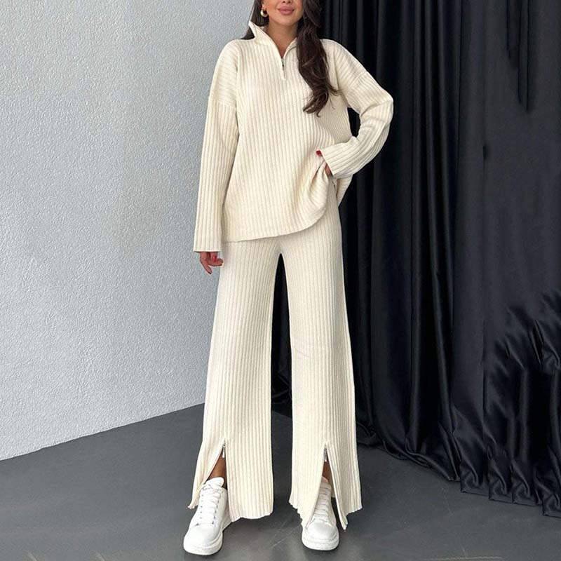 Women's Cozy Ribbed Knit Two-Piece Set with Slit-Leg Pants – alivelyshop